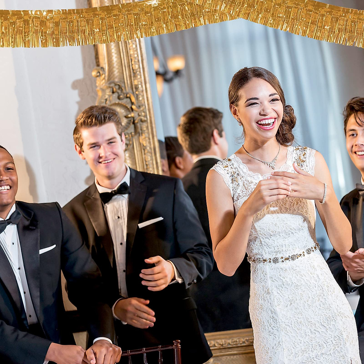 6 Pack 10 Feet Champagne Gold Foil Fringe Garland Metallic Tinsel Streamers Banner Wall Hanging Backdrop Banner for Parade Floats, Valentine's Day, Wedding, Birthday, Mardi Gras Party Decorations