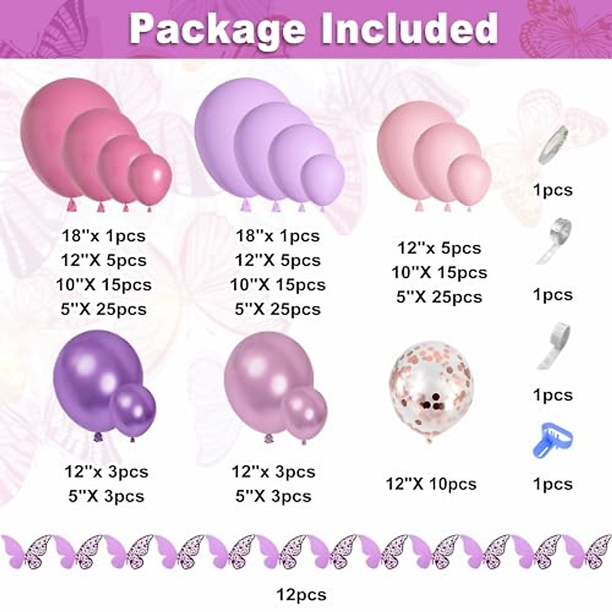 Amandir 175Pcs Pink and Purple Balloon Garland Arch Kit Butterfly Baby Shower Decorations for Girl, Lavender Purple Dusty Pink Balloon for Women Birthday Bridal Shower Wedding Party Supplies