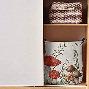 Large Laundry Basket 16.5x17in, Red Mushroom Waterproof Dirty Clothes Bag Hamper with Handles, Green Plant Flowers Butterfly Burlap Texture Collapsible Sorter Basket for Bathroom Home