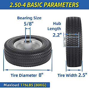 GICOOL 8-Inch Flat-free Tire, 2.50-4 Solid Tire and Wheel, 5/8" Bearings, 2.2" Offset Hub for Hand Truck Garden Wagon Trolley Dolly Replacement, 2 Pack