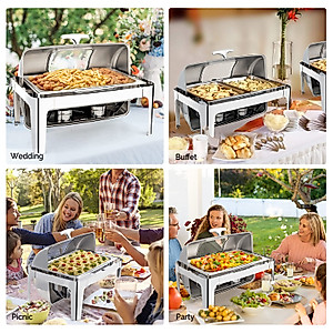 ROVSUN 9 QT 3 Packs Stainless Steel Chafing Dish Buffet Set with Electric & Fuel Heating, NSF Roll Top Catering Chafer Server with Full Size & 2 Detachable Food Pans, Glass Lid for Party Banquet
