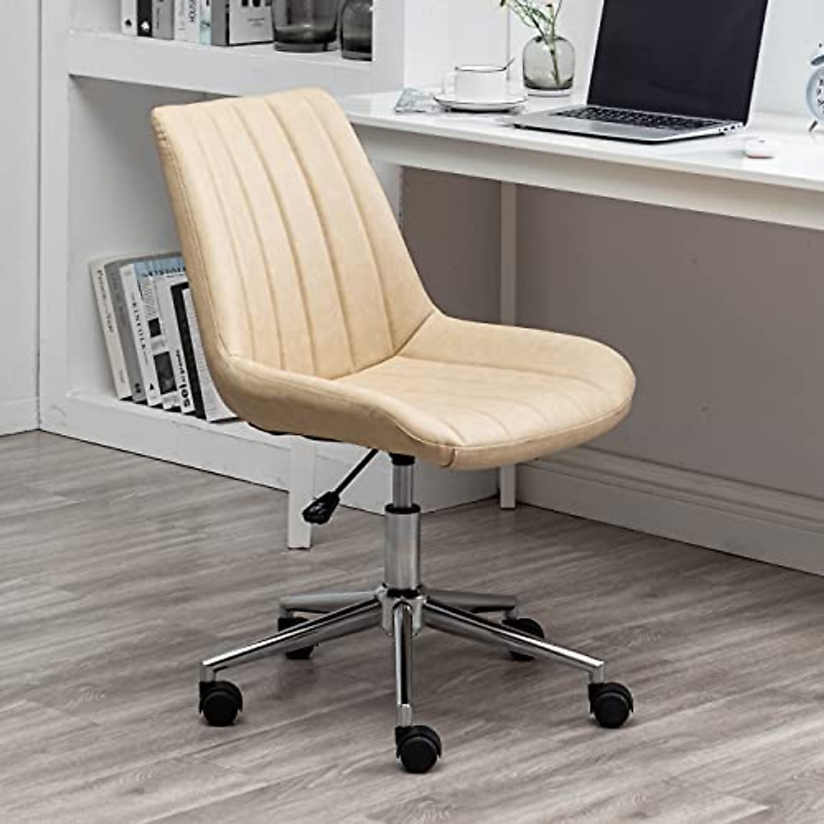 BTEXPERT Beige Home Office Faux Leather Computer Ergonomic Task Adjustable Leisure Chrome Base Swivel Armless Rolling Wheels Study Desk Vanity Chair