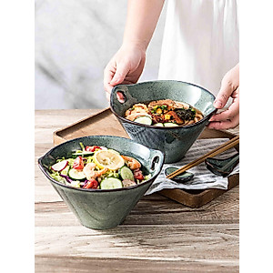 Henten Home 26 OZ Ramen Bowls Set, Ceramic Japanese Noodle Bowls Set of 2, Porcelain Deep Salad Bowl with Chopsticks for Udon, Reactive Glaze, Microwave Safe (Green)