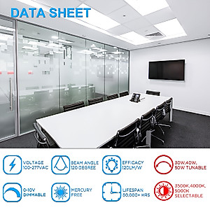 Geperll 2 Pack 2x4FT LED Flat Panel Troffer Light, Drop Ceiling Office Back-lit Fixture,35K/40K/50K CCT & 30/40/50W Selectable 0-10V Dimmable 100-277VAC-ETL