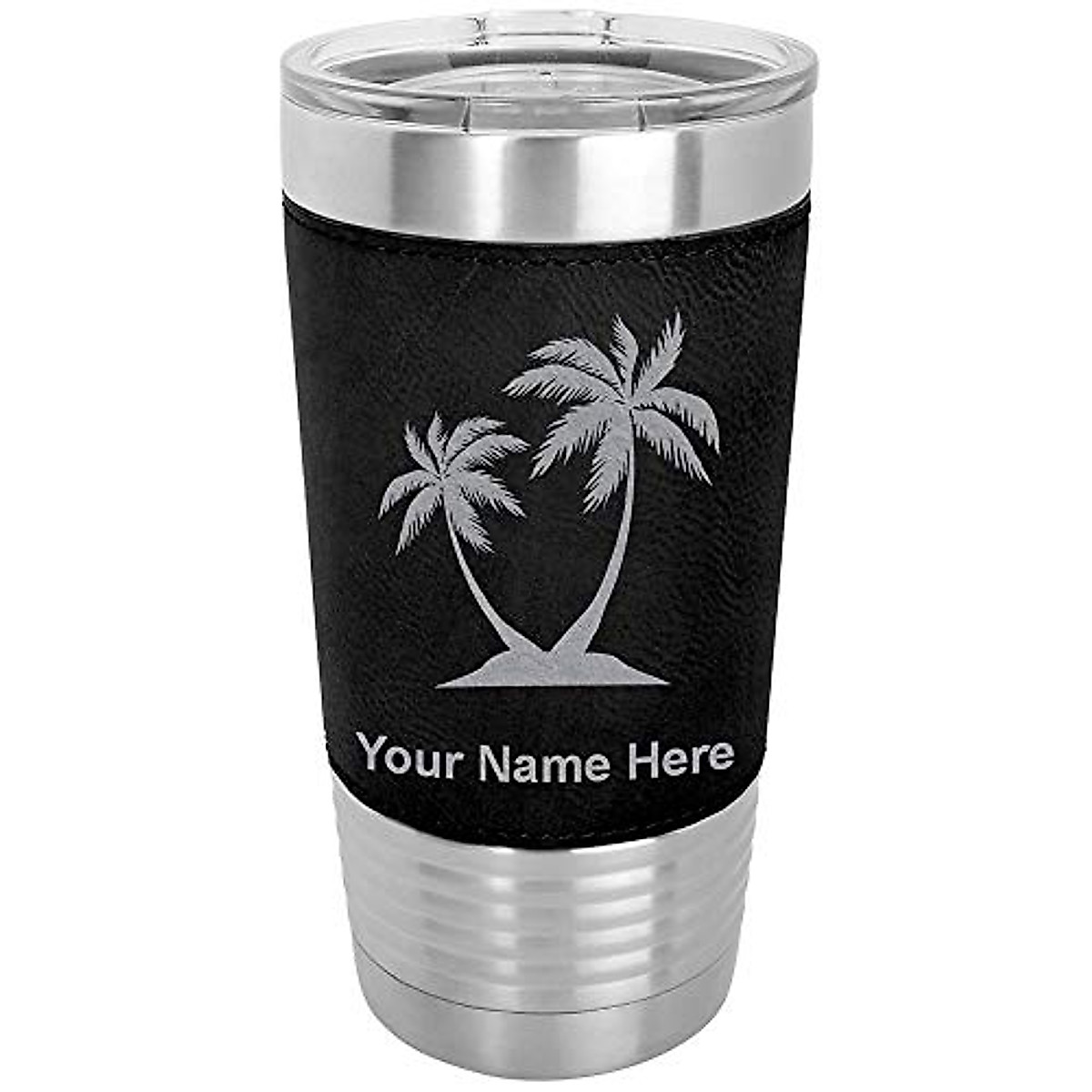 LaserGram 20oz Vacuum Insulated Tumbler Mug, Palm Trees, Personalized Engraving Included (Faux Leather, Black)