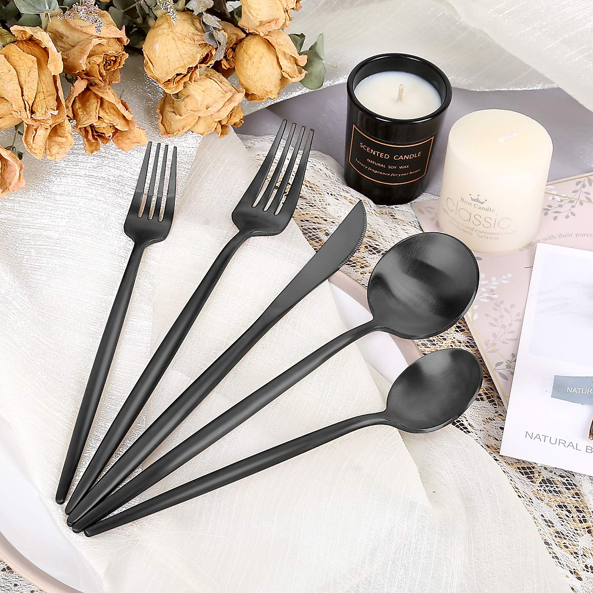 Matte Black Silverware Set 30 Pieces, FAMEWARE Stainless Steel Flatware Set，Service for 6，Kitchen Utensil Set, Tableware Cutlery Set, Satin Finished Polished & Dishwasher Safe
