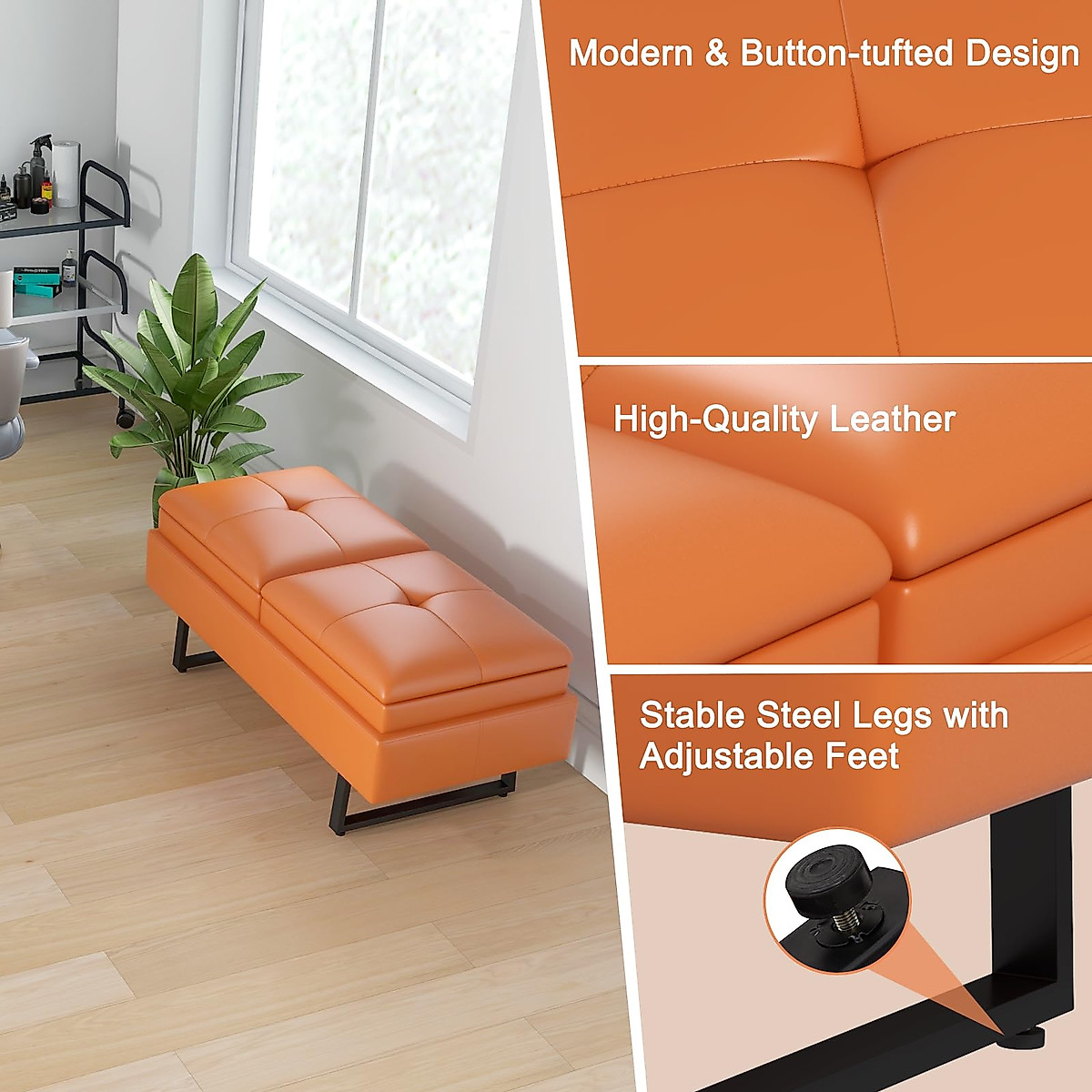 Kinfant Modern Futon Sofa Bed - 2-Seat Couch Bed with Soft Cushions for Living Room Bedroom and Small Space (PU Leather, Orange)