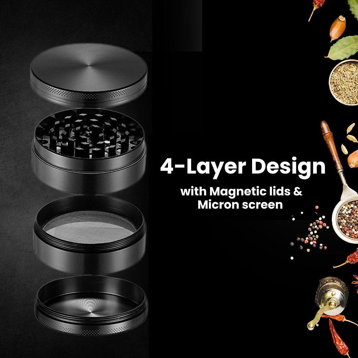 3 inch Large Spice Crusher Grinder, Portable 4-layer Manual Herb Mill, Zinc Alloy (Black) with Magnetic Lid and Screen