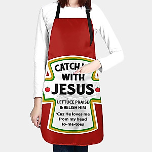 BAIFUMEN Catch Up With Jesus Christian Adjustable Bib Apron Waterdrop Resistant with Pockets Cooking Kitchen Aprons for Women Men Chef (33 x 28 Inches)