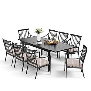 MFSTUDIO 9PCS Outdoor Patio Dining Set with 8 Metal Chairs and Expandable Rectangular Dining Table for 6-8 People, Patio Conversation Set for Deck, Yard, Garden