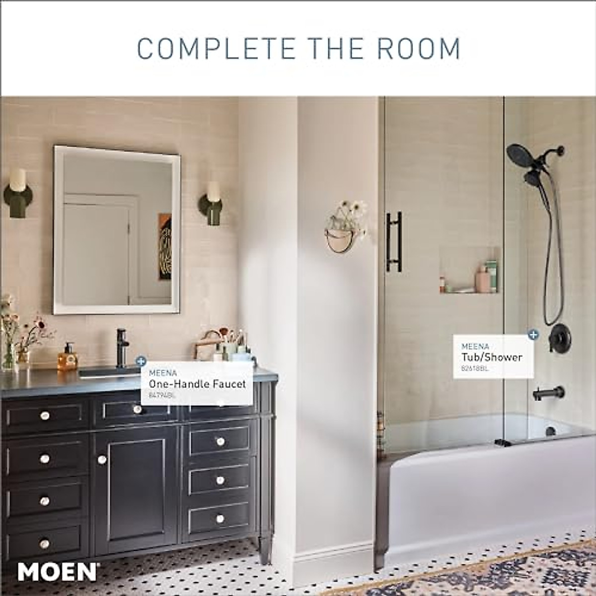 Moen 82618BL Meena Black Single-handle Modern Shower Faucet with Handshower and Tub Spout, 4 Spray Functions, Pressure Balancing, Adjustable Temperature, Durable