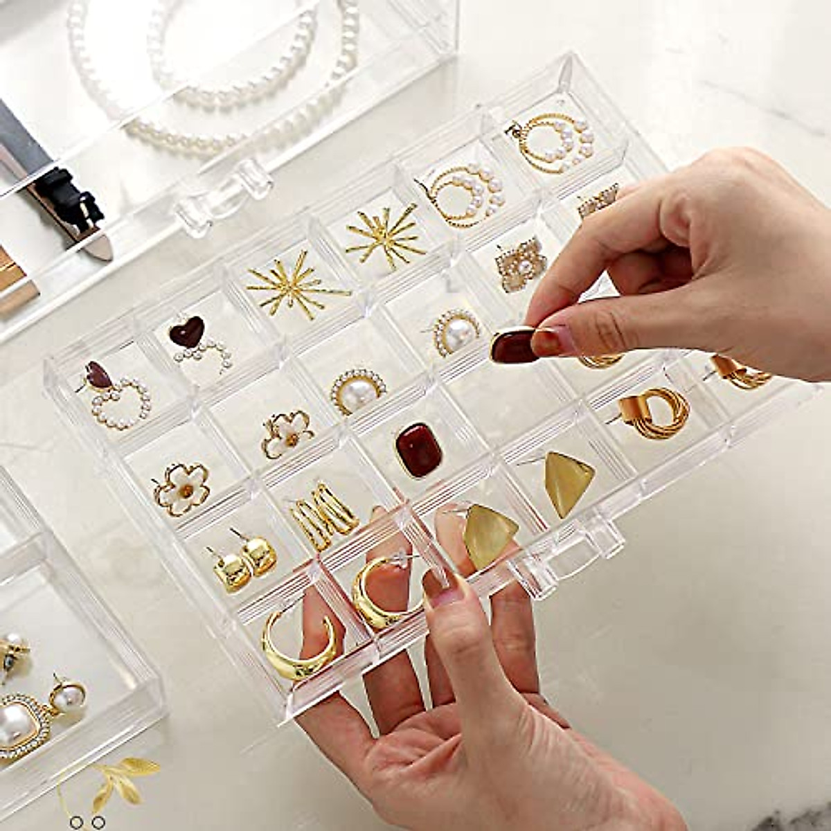 CLUQMEIK Earring Organizer Box Clear Storage Acrylic for Earrings Necklace Organizer Jewelry Box with 72 Grids Storage Compartments Transparent Ring Clear Jewelry Organizer
