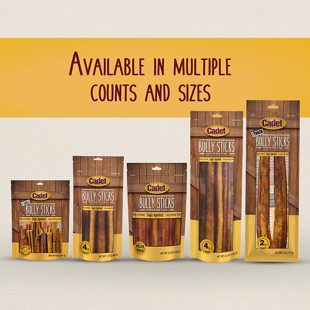 Cadet Bully Hide Sticks for Large Dogs – All-Natural Beef Pizzle, High Protein, Low Fat, Long-Lasting, Grain & Rawhide-Free Dog Chews for Aggressive Chewers, Large (1 Count)