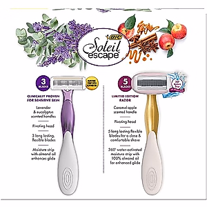 BIC Soleil Escape Women's Disposable Razor 3 Blade Set, Moisture Strip With Almond Oil, Lavender and Eucalyptus Scented Handles, Includes Bonus Caramel Apple, 8 Razors