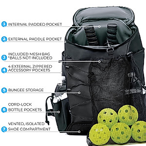 Athletico 35L Pickleball Backpack - Pickleball Bags for Men or Women Includes Pickleball Ball Holder (Black)