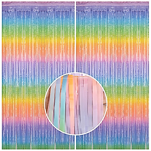 2 Pack 3.3 x 8.2 ft Tinsel Foil Fringe Curtain Backdrop, [Upgraded] Rainbow Metallic Streamers Backdrop Curtains for Birthday Decorations Girls Princess Bachelorette Unicorn Party Decorations