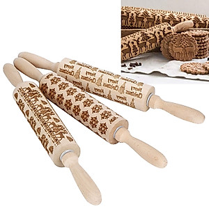 3Pcs Rolling Pin, Embossing Wooden Rolling Pin 3D Engraved Rolling Pin Cute Patterns Dough Roller (English Christmas tree + snowflake + pair of deer)