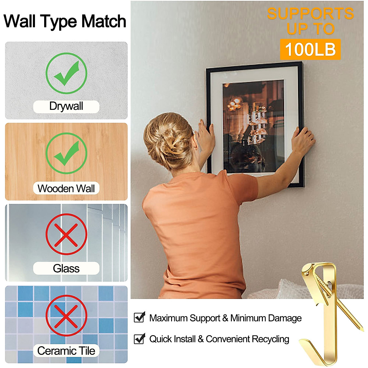 Picture Hanging Kit, 136 Pcs 5 Sizes Picture Hangers Hook Kit Including 10/20/30/50/100 LB, Heavy Duty Hangers Hardware kit with Nails for Picture Frame, Canvas, Mirror Hanging Decoration