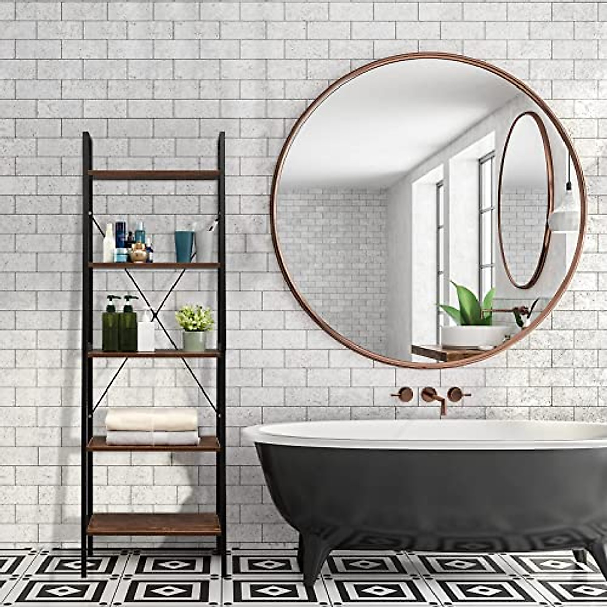 ALIMORDEN Heavy Duty Retro Ladder Shelf, 5 Tier Industrial Bookshelf with Wood Pattern , 21.6 x 15.3 x 67 Inches, Rustic Brown