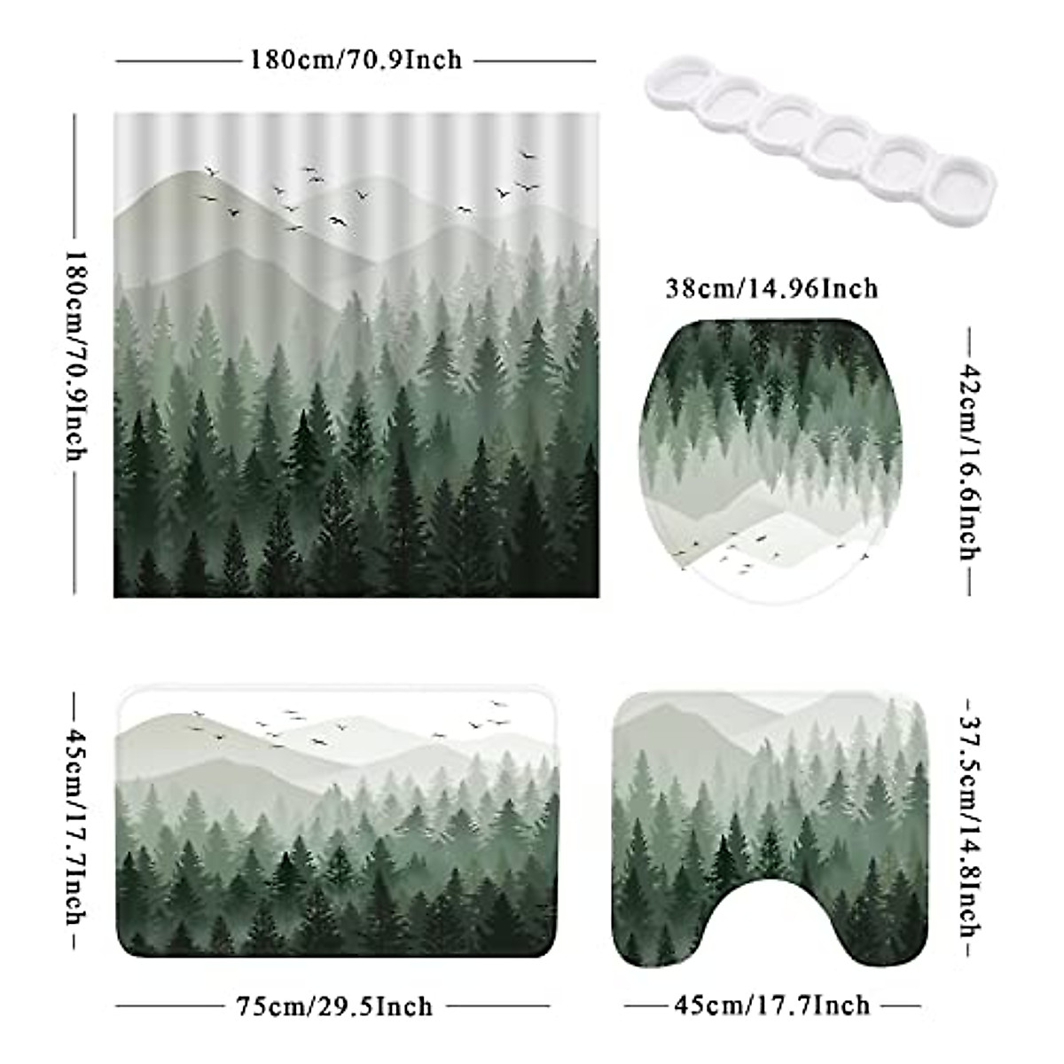 ZYLLGLOW Forest Shower Curtain Set Boho Shower Curtain Set with Rugs, Abstract Mountain Bathroom Decor Accessories Bathroom Set with Shower Curtain and Rugs Leaves Curtain Set