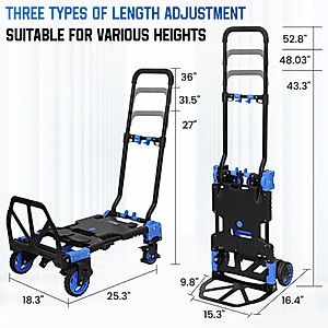 Hand Truck Foldable with Retractable Handle, 2 in 1 Hand Truck Dolly Foldable with Basket, 330LBS Capacity Folding Hand Cart,2 Bungee Cords and 2 Cotton Cord Gloves in Any Style.