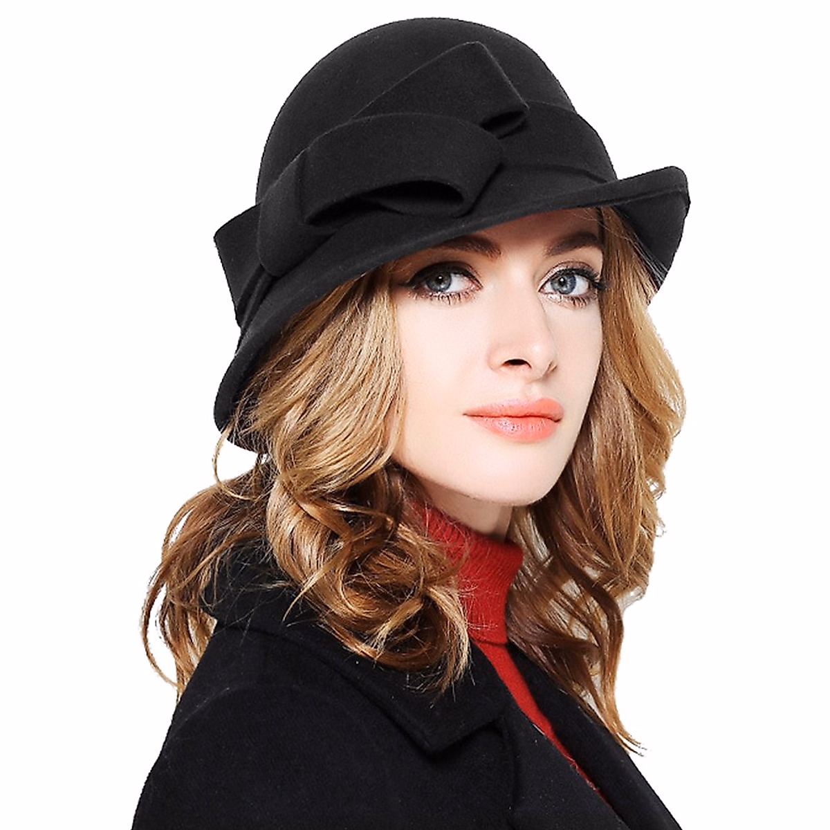 Bellady Women Solid Color Winter Hat 100 percent Wool Cloche Bucket with Bow Accent,Black, One Size