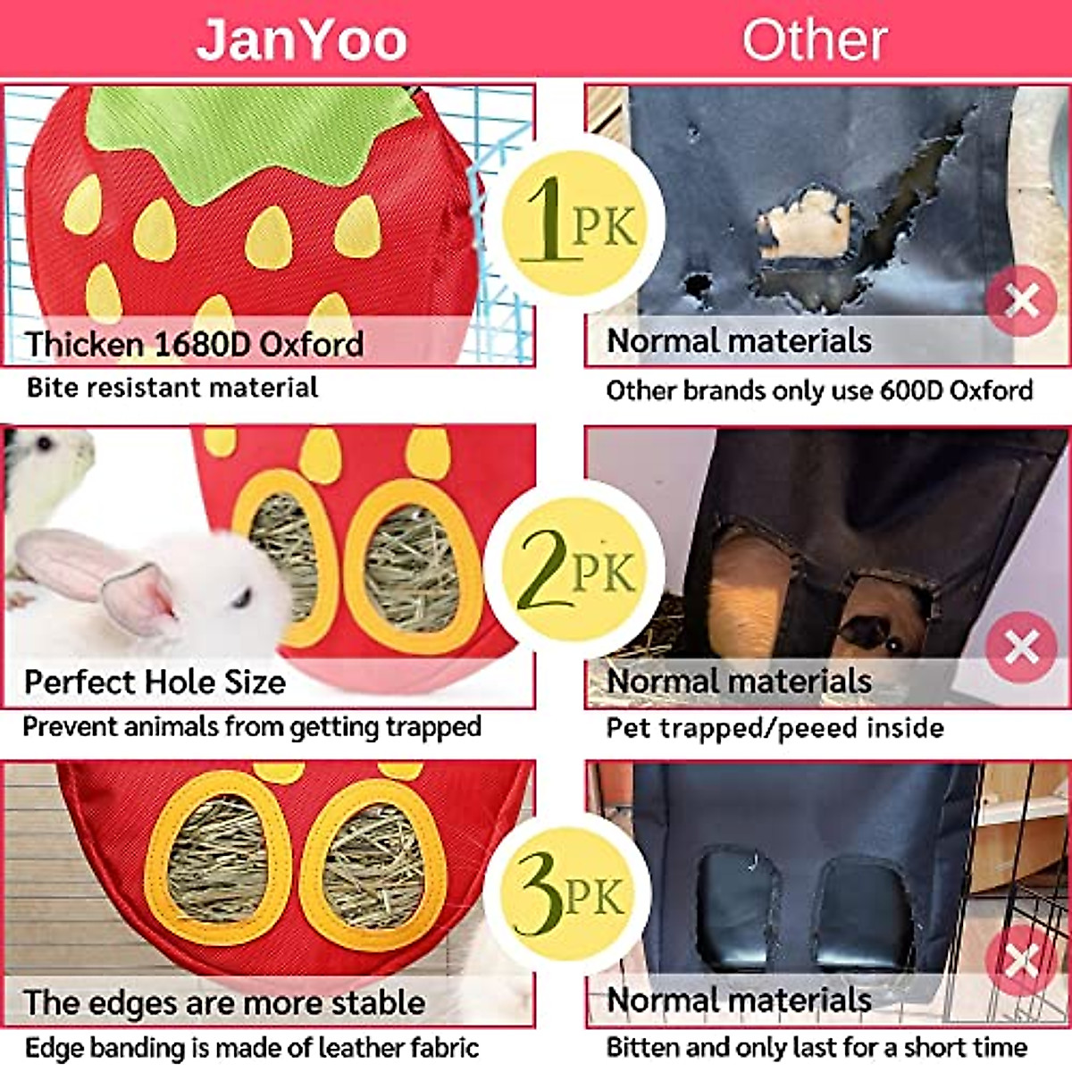 JanYoo Rabbit Hay Feeder Bag for Cage Guinea Pig Timothy Hay Dispenser Storage Manger Hanging Large Less Waste for Bunny
