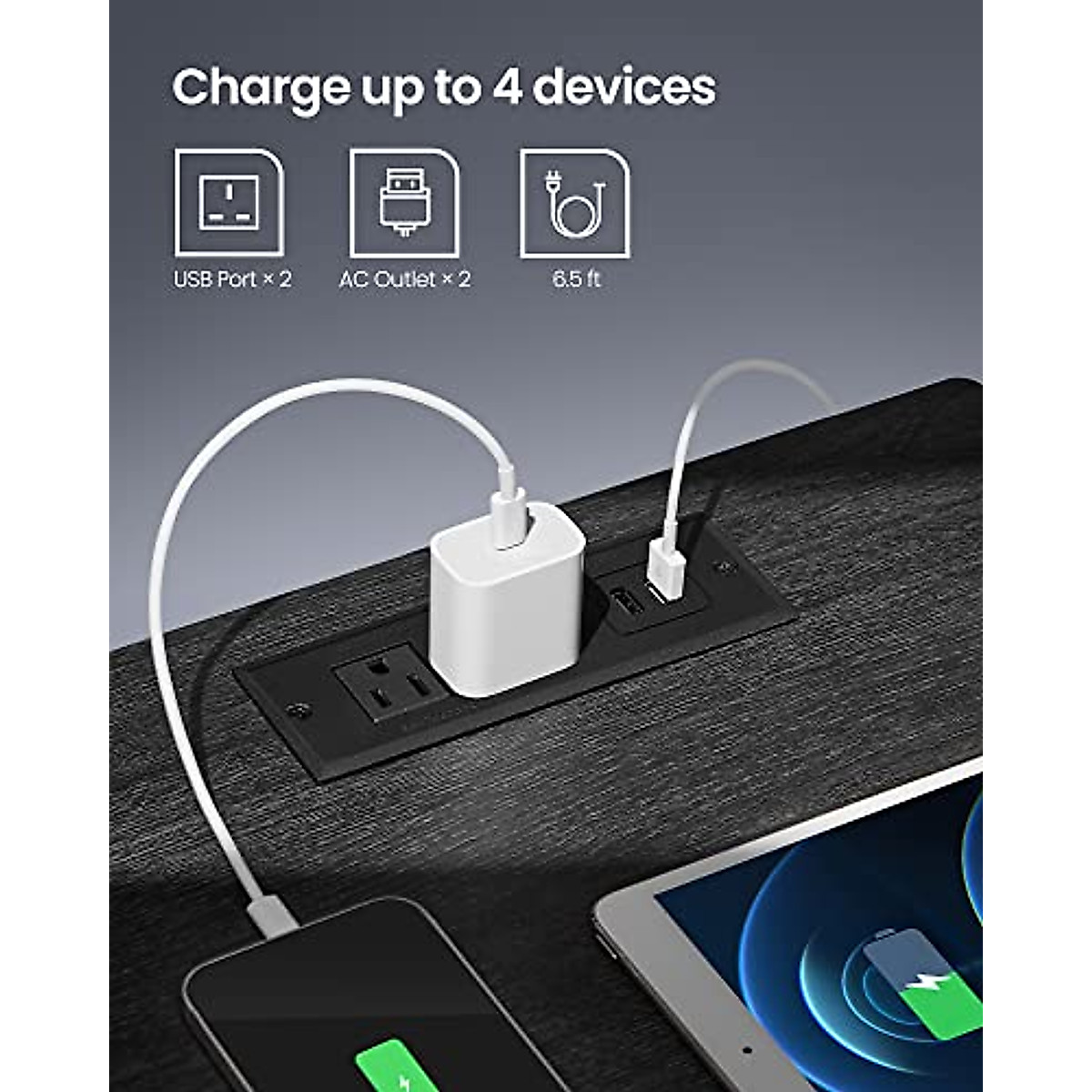 VASAGLE Nightstand with Charging Station, Side End Adjustable LED Lights, Bedside Table with Drawer 2 AC Outlets, 2 USB Ports, Modern, for Bedroom, 13.7" D x 15.7" W x 21.7" H, Black