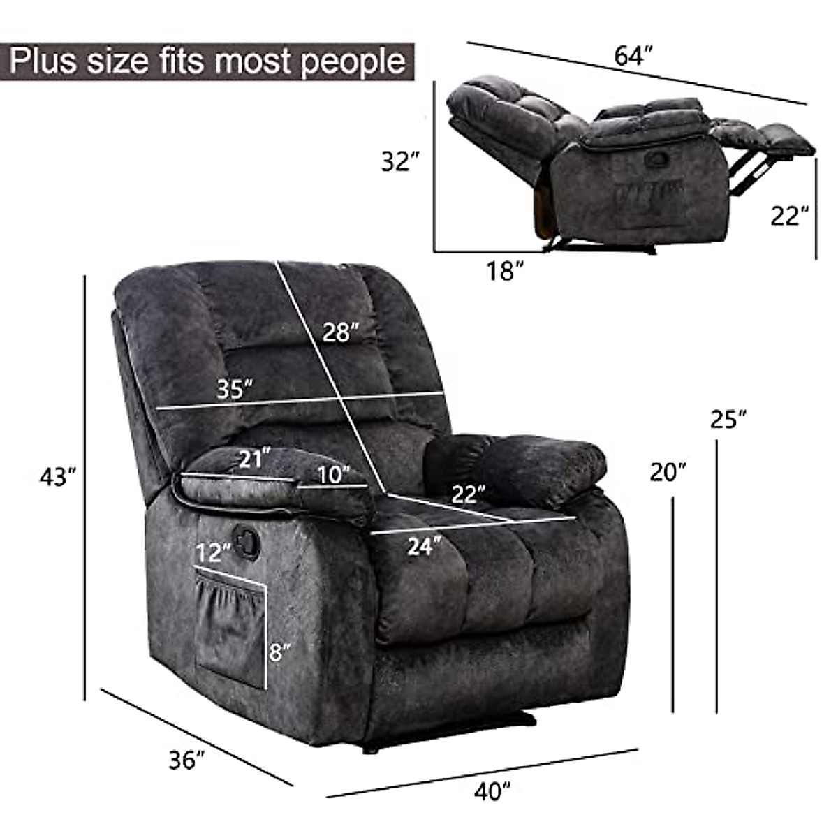 ANJHOME Overstuffed Massage Recliner Chairs with Heat and Vibration, Soft Fabric Single Manual Reclining Chair for Living Room Bedroom (Grey)