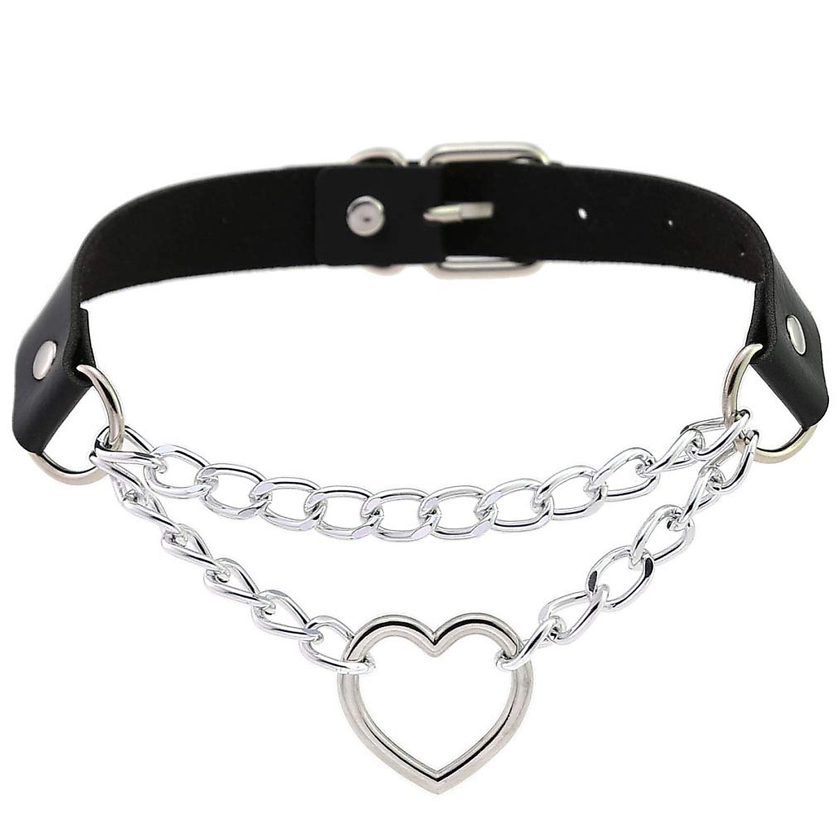 FM FM42 Pink PU Simulated Leather Gothic Punk Silver-tone Heart Ring Cuban Curb Link Chain Adjustable Neckband Collar Choker PN2401