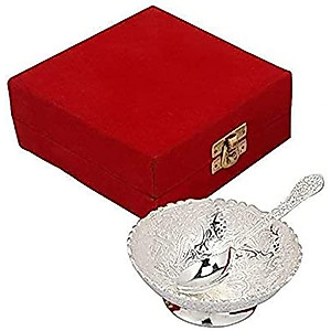Aluminium -Silver Plated Small Bowl Set with Spoon Size - 3.5 Inch Diameter Bowl , capacity -100 ml /3.38 OZ -30 Grams bowl weight