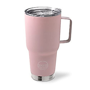 Mayim Large Travel Coffee Mug Tumbler with Clear Slide Lid and Handle, Reusable Vacuum Insulated Double-Wall Stainless-Steel Thermos, Fits in Cup Holder, 30oz., Blush