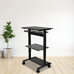 Stand Up Desk Store Mobile Rolling Adjustable Height Standing Workstation with Printer Shelf and Slideout Keyboard Tray (Black Frame/Black Top, 30" Wide)