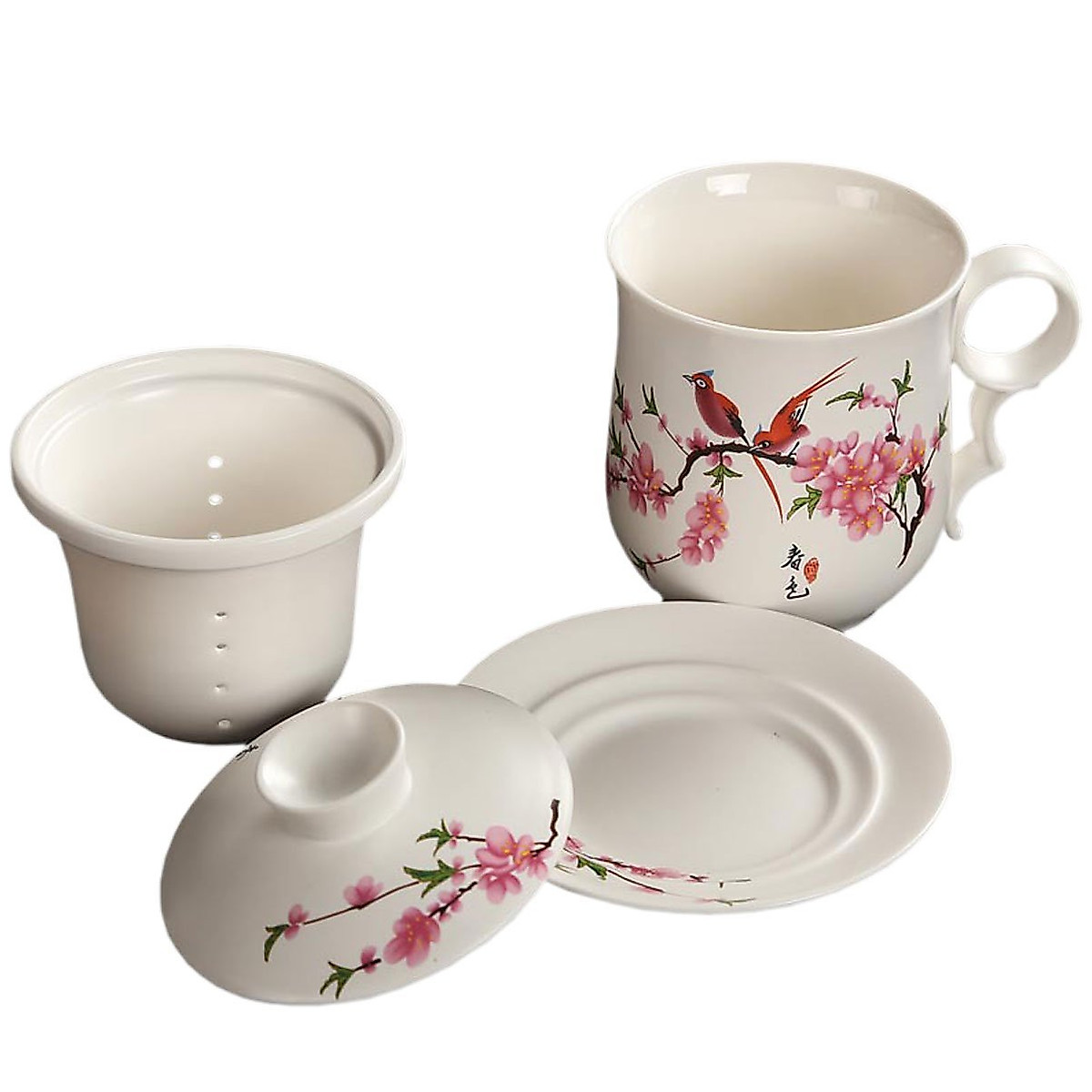 BandTie Convenient Travel Office Loose Leaf Tea Brewing System-Chinese Jingdezhen Blue and White Porcelain Tea Cup Infuser 5-Piece Set with Tea Cup Lid and Saucer (Peach Blossom)