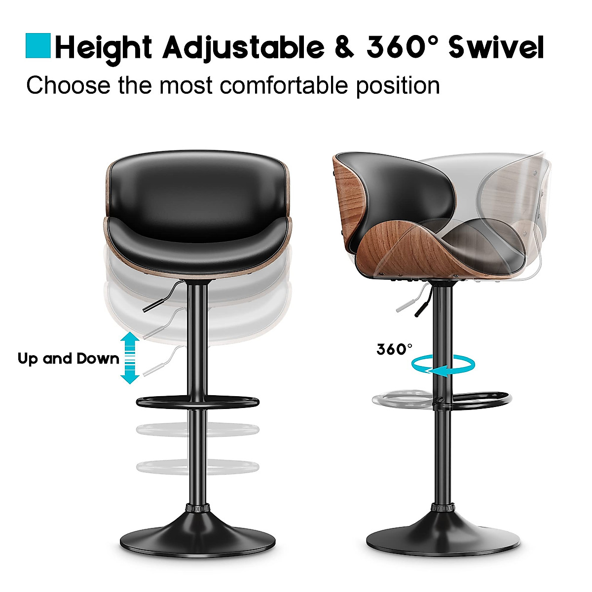 ONME Bar Stools Set of 2, Adjustable Height Swivel Bar Stools, PU Leather Upholstered Bar Chair with Back and Footrest for Bar, Kitchen, Dining Room, Dark Black
