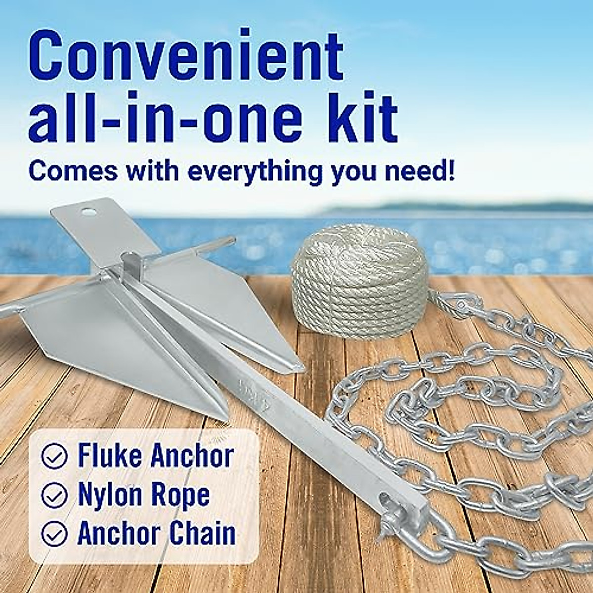 8.5lb Heavy Boat Anchor Kit Fluke Anchor with Anchor Chain and Boat Anchor Rope Set for 15-25' Foot Including Boat Anchors for 18' and 21' Boats Pontoon, Deck, Fishing, and Sail 75FT Rope