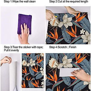 UniGoos White Floral Peel and Stick Wallpaper Black Background Blue Palm Flower Contact Paper Vinyl Self-Adhesive Vintage Wall Paper Roll for Cabinet DIY Decor 17.7" x 118"