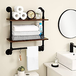 KES Bathroom Shelves Industrial Pipe Shelving Pipe Shelves 24-Inch Shelves with Bar Industrial for Wall Bathroom Rustic Farmhouse 2 Tier Iron Wall Mounted Black, BTR501S60-BK