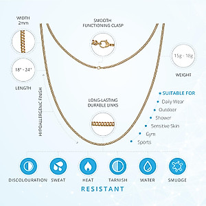 Silvadore Real Gold Chain for Women Mens Necklace Non Tarnish Miami Cuban Links - 2mm 18 inch 18K Plated Solid Stainless Steel - Thin Fake Cadena Cubana Para Hombre Short Small Jewelry Gift