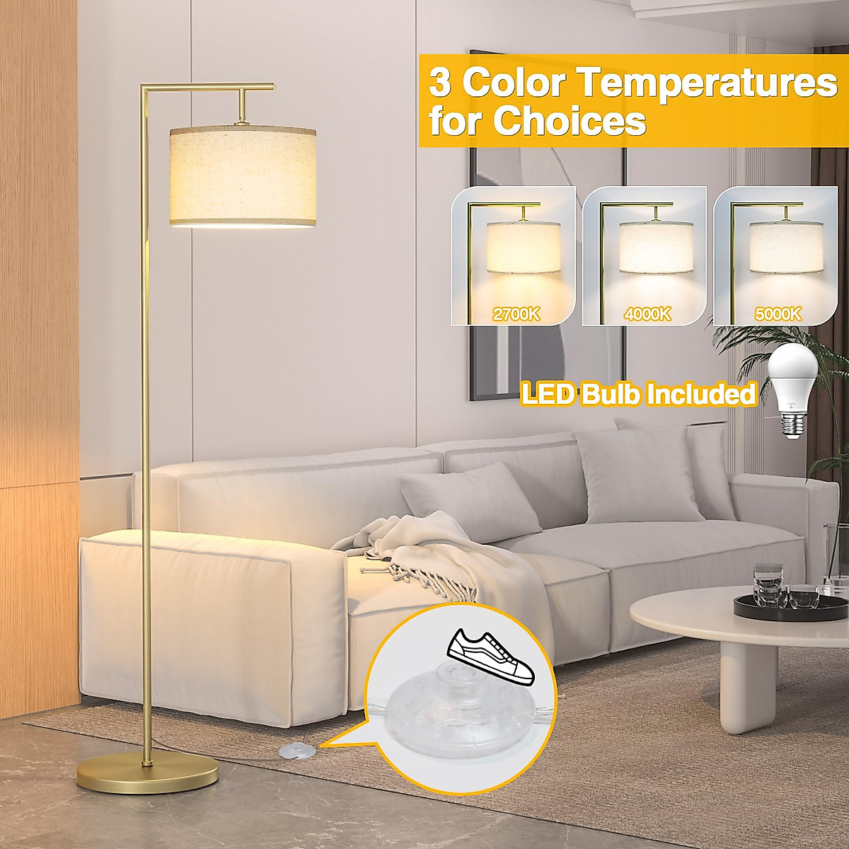 CNXIN Floor Lamp for Living Room with 3 Color Temperatures Standing Lamp with Adjustable Beige Linen Lampshade Tall Lamps for Bedroom Office Classroom Dorm Room, 9W LED Bulb Included, Gold