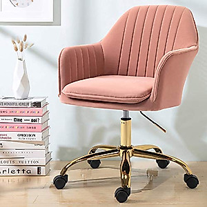 HOMHUM Desk Chairs with Wheels, Home Office Chair Mid-Back Velvet Office Chair Adjustable Cute Chair with Side Arms and Gold Metal Base for Living Room, Bedroom, Home Office, and Vanity Room (Pink)