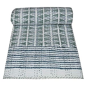 MAVISS HOMES Hand Block Print Kantha Quilt | Queen Size Cotton Quilt | Throw Blanket Bedspread |Vintage Kantha Blanket |Leightweight Cozy Soft Blanket; White and Blue