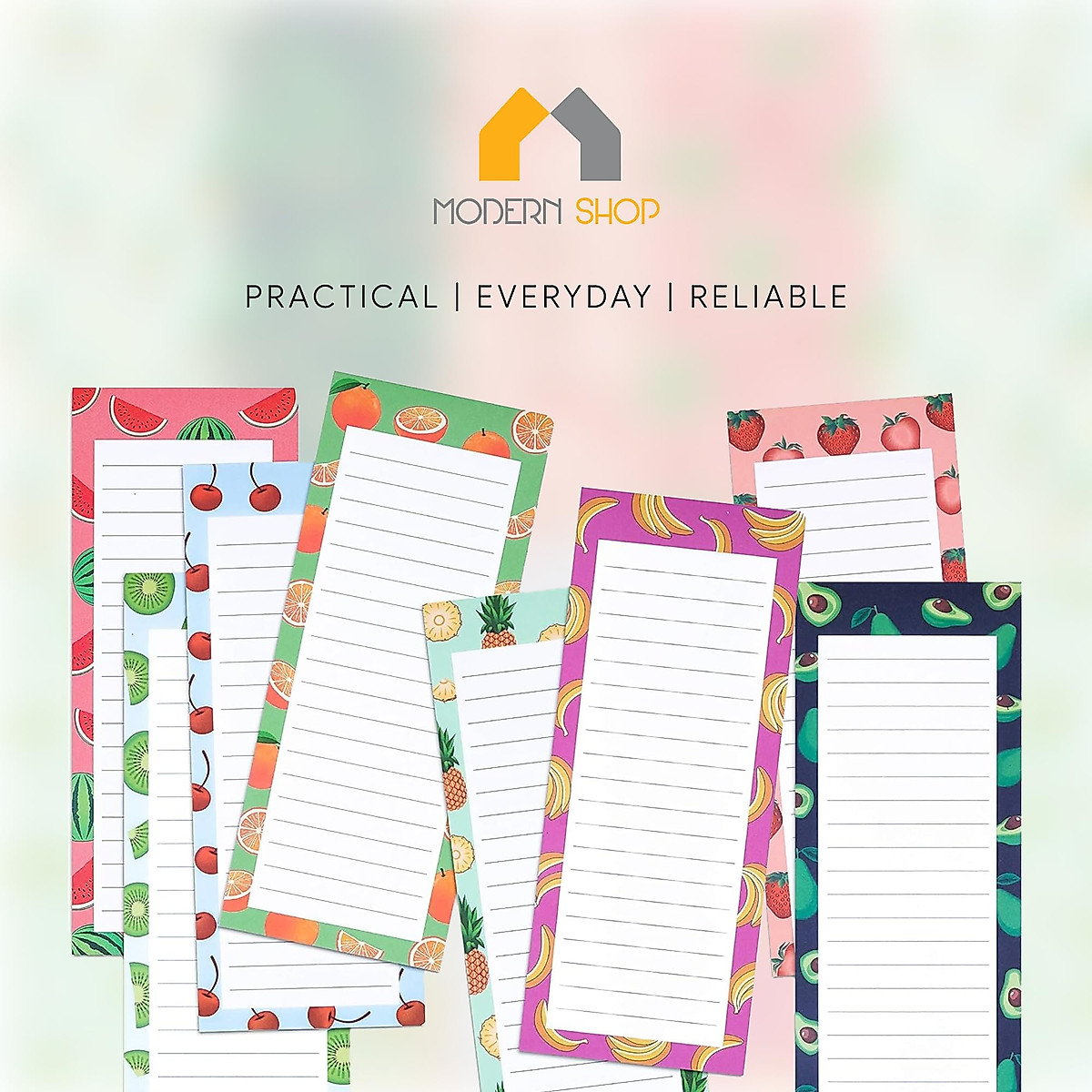 8 Magnetic Notepads - Large Notepads for Grocery List, Shopping List, To-Do List, Reminders, Recipes -Magnetic Back- Memo Notepad with Realistic Fruit Designs | 60 Sheets per Pad 9 x 3.5 inch (8 Pack)