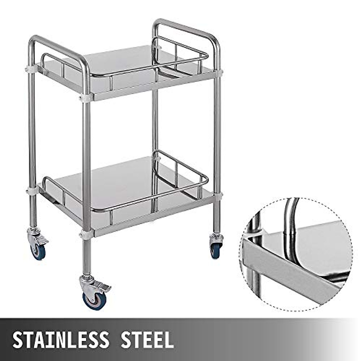VEVOR 2-Shelf lab cart with Wheels Stainless Steel Rolling cart Lab Cart Utility Cart with high-Polish Stainless Steel 2 Lockable Wheels for Fixing