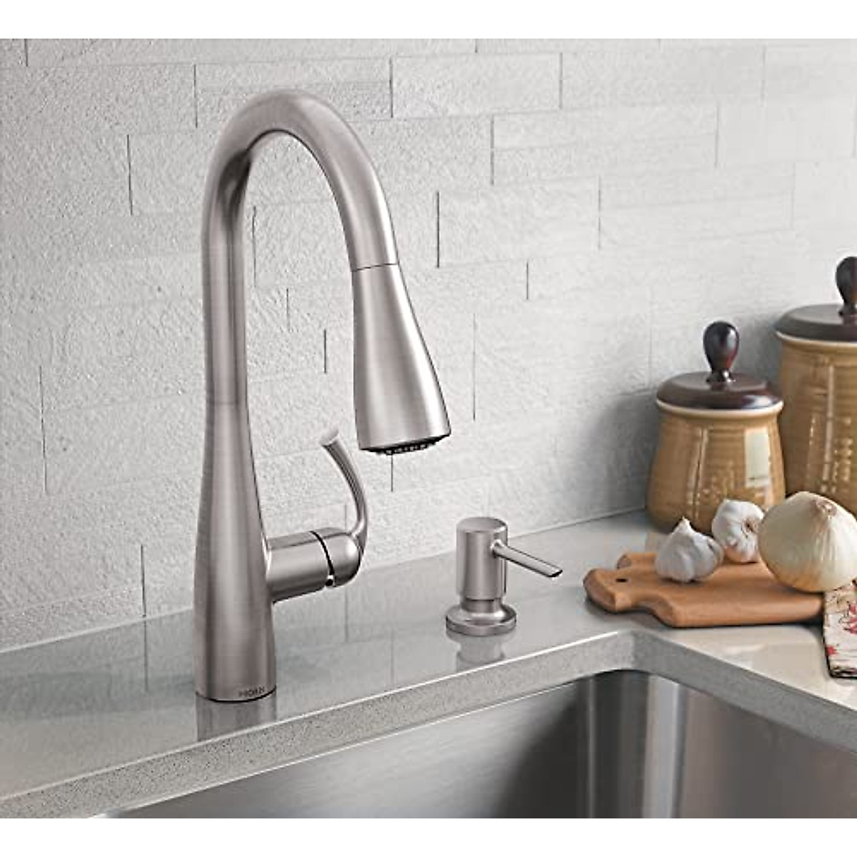 Moen 87014SRS Essie Pull-Down Sprayer Kitchen Faucet in Spot Resist Stainless with Soap Dispenser, Spot Resist Stainless