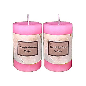Touch Nature Rose Essential Oil Scented Aromatherapy Fragrant Pink Handmade Candle. Hand Poured Rustic Home Décor Pillar Candles. Decorated with Handmade Nepali Lokta Paper. (5x7 cm, Set of 2)