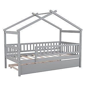 BestLM Twin Size Wooden House Bed with Twin Size Trundle for Kids, Wood Platform Bed Frame with Fence, Roof, and Safety Guardrail for Kids, Teens, Girls, Boys, Gray
