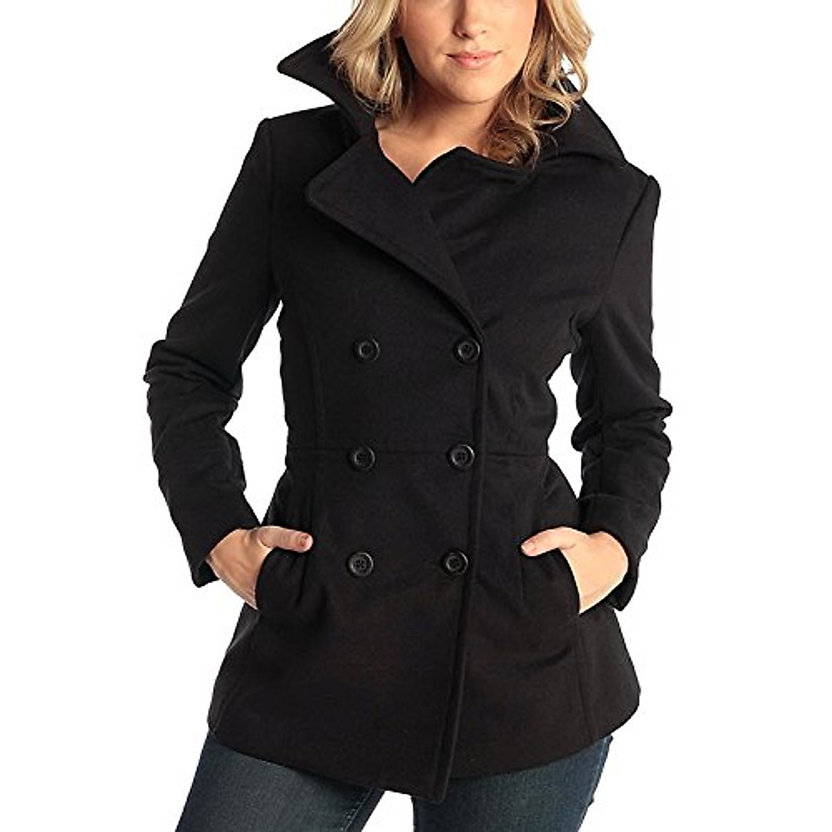 Alpine Swiss Emma Women's Wool Peacoat – Double-Breasted 3/4 Length Overcoat, Stylish & Warm Blazer for Fall & Winter Black Large