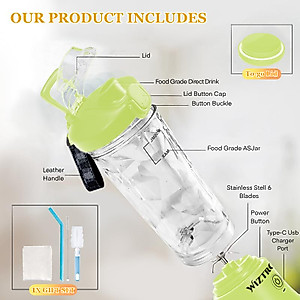 Cordless 21oz Portable Blender BPA Free With Personal Blender Cup, Best For Smoothie, Shakes, and Cocktails, With Durable Stainless Steel Blades, USB-C Rechargeable in Lime By WIZTRONIX