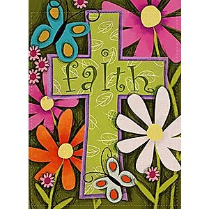 Dyrenson Religious Garden Flag Flower Cross, Home Decorative Faith House Yard Flag, Floral Garden Yard Decorations, Butterfly Daisies Seasonal Outdoor Flag 28 x 40 Easter